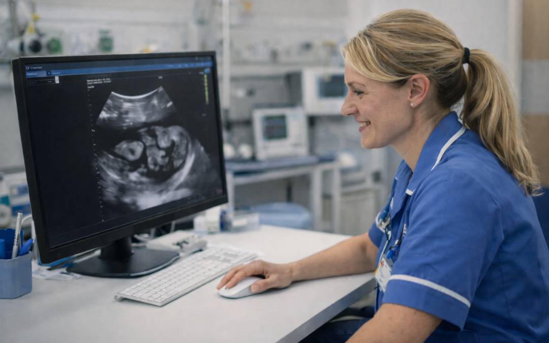 NHS clinician reviewing ultrasound scan of expecant mother – BridgeHead ...